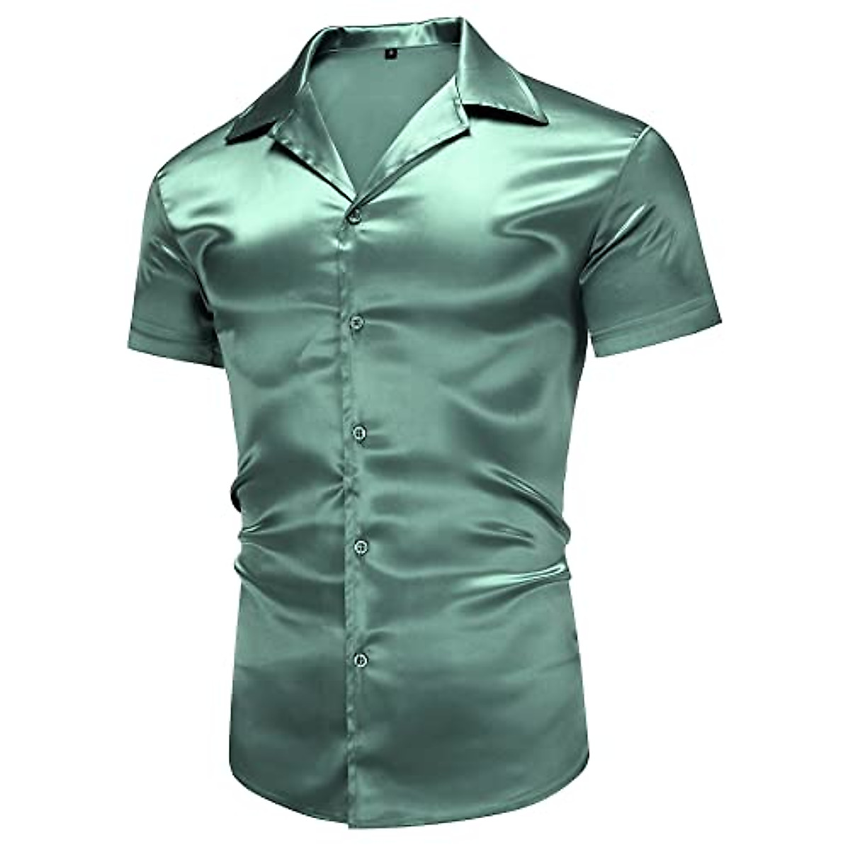 URRU Men's Luxury Shiny Silk Like Satin Dress Shirt Cuban Collar Short Sleeve Casual Slim Fit Muscle Button Up Shirts Light Green L