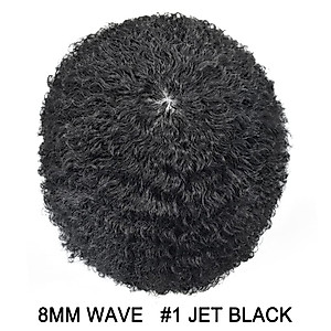 Hair Units for Black Men Afro Toupee for Black Men Kinky Curly Human Hair Piece Replacement African American Afro Wavy Men Toupee Hairpiece Thin Skin Men Hair System(8"X10", #1Jet Black-8mm Wave Curl)