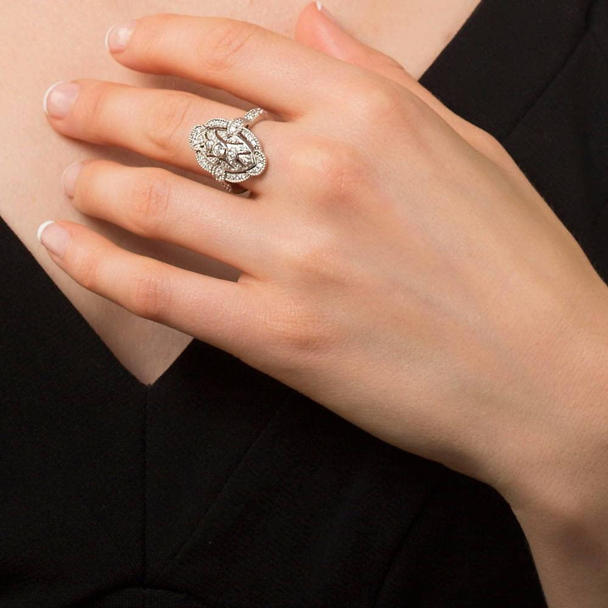 BERRICLE Sterling Silver Navette Cubic Zirconia CZ Statement Art Deco Fashion Ring for Women, Rhodium Plated Size 8.5