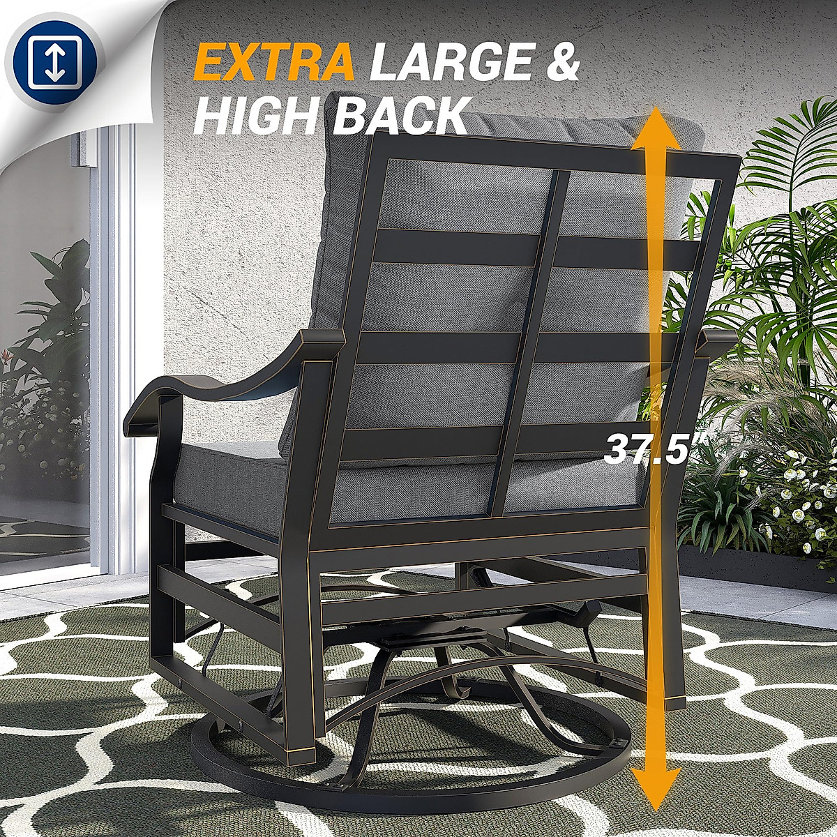 UDPATIO Outdoor Swivel Rocker Chairs, 3 Piece Metal Patio Rocking Chairs with Grey Padded Cushions Patio Bistro Furniture Set with Side Table for Porch Balcony Backyard, Grey