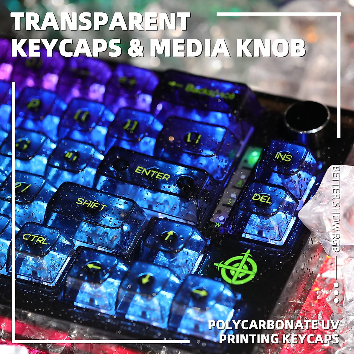 65% Hot-Swap Wired Mechanical Gaming Keyboard Programmable with Transparent 66 Key Full Side RGB OWERTY Linear Ice White Switch Custom Coiled C to A Cable Media Knob 2-IN-1 Case for WIN/PC/MAC(Black)