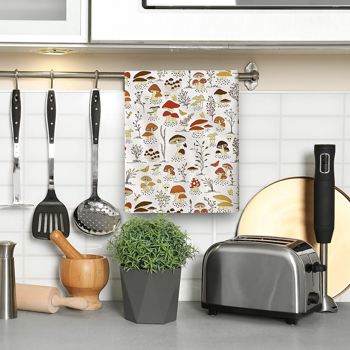 Mushroom Cute Botanic Kitchen Towels with Hanging Loop, 16x24 Inch Beige Dish Towels Bathroom Hand Towels Set of 2 Soft Absorbent Tea Towels