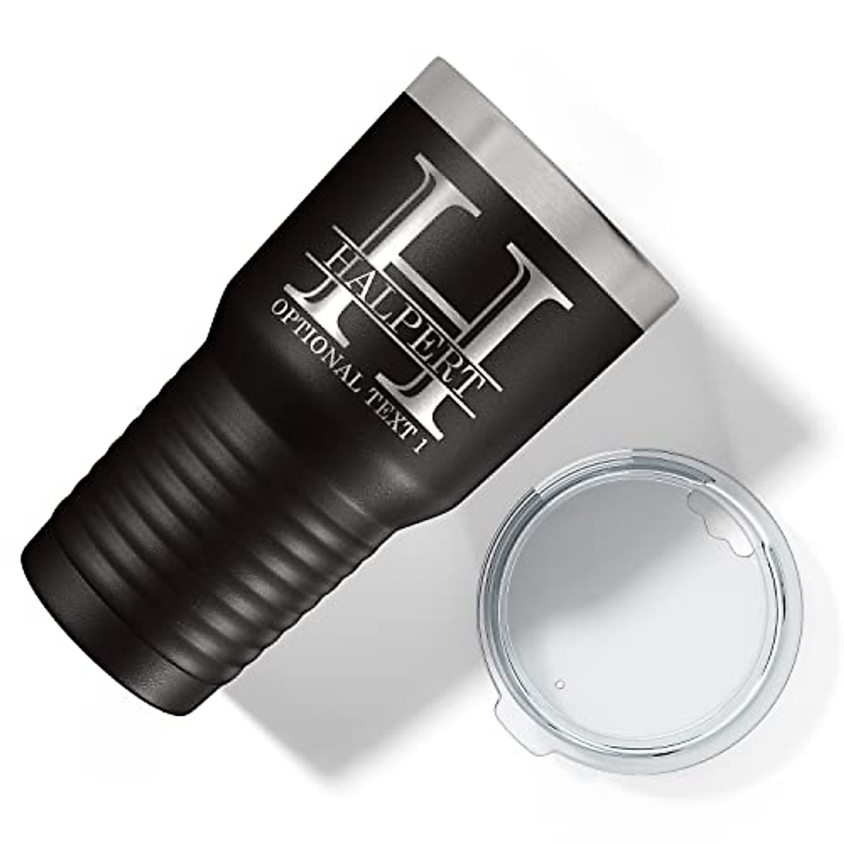 Personalized 30oz (17 Colors) Powder Coated Insulated Stainless Steel Tumbler with Lid, Custom Etched, Customized Engraved Gift Idea for Women Men Her Him, Halpert Monogram Initial Name (Black)