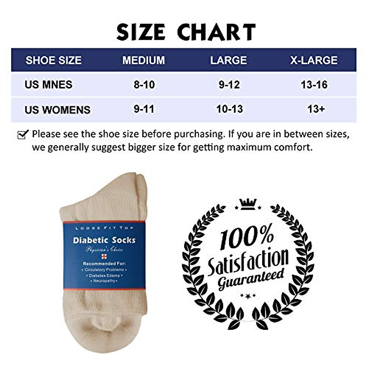 KitNSox Diabetic Socks Extra Wide Calf Women Men Elderly Soft Stretchy Breathable Crew Cushion Loose Top Dress No-Binding Socks 6 Pairs Beige L