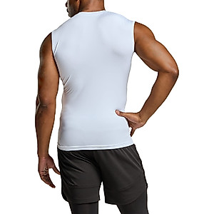 TSLA Men's Sleeveless Workout Shirts, Dry Fit Running Compression Cutoff Shirts, Athletic Training Tank Top, Active Top White, Large