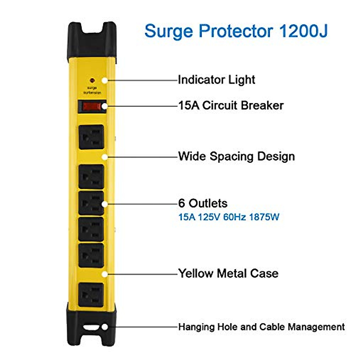 CCCEI Heavy Duty Power Strip Surge Protector with 15A, 6 Outlet Industrial, Shop Workshop Garden Metal Power Strip with 6FT Cord 1200 Joules ETL Listed, Yellow