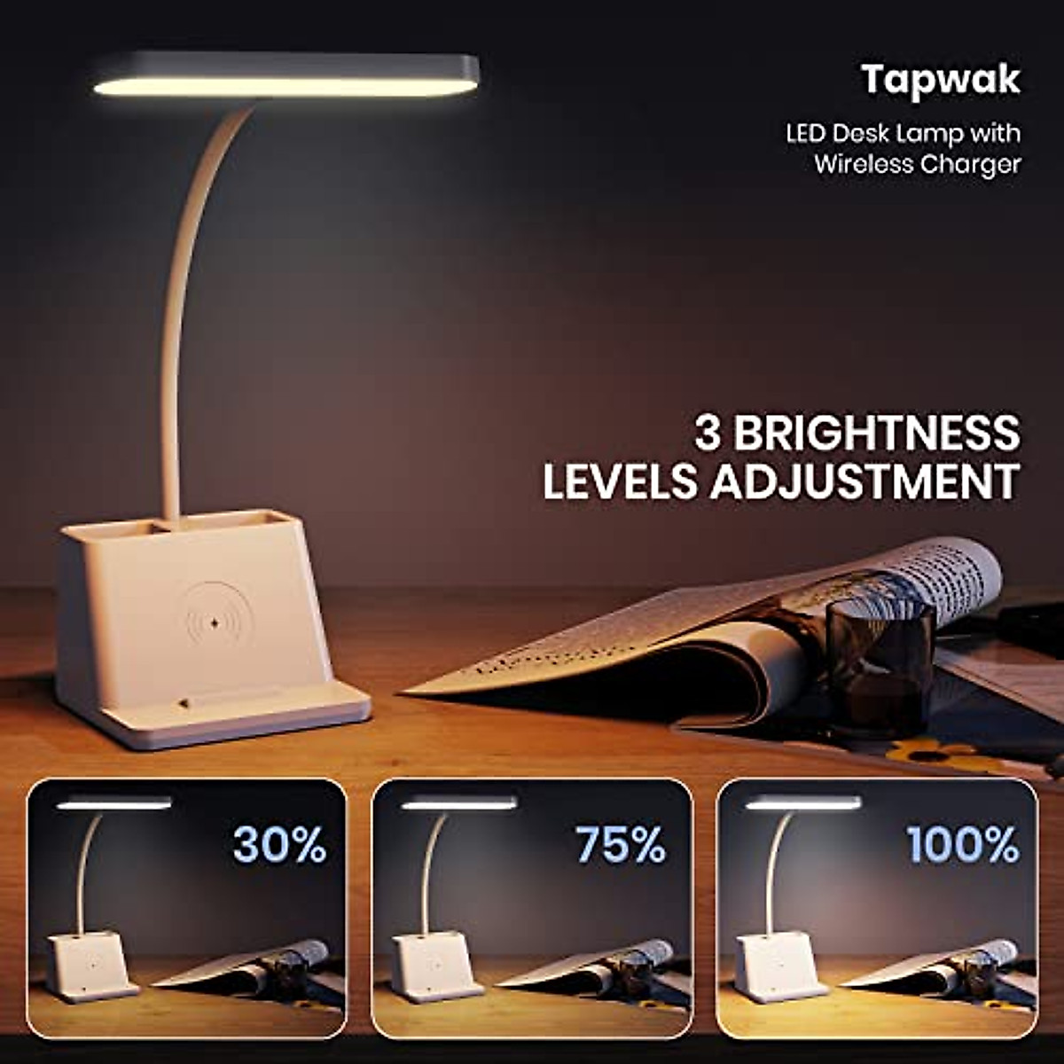 Tapwak Small Desk Lamp with Wireless Charger, White Gooseneck Desktop Lamp, Study Lamps for Bedrooms/Small Spaces Desk Lights for Home Office with Pen Holder, Cute Desk Lamp for College Dorm Room