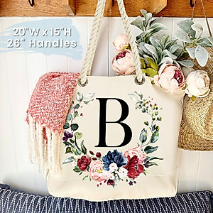 Personalized Floral Initial Cotton Canvas Beach Tote Bag, Customize Monogrammed Totes Gift for Bridesmaid (Initial V)