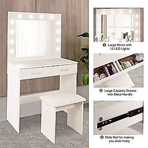 AKVOMBI White Vanity Desk with Lights, 31inch Makeup Vanity with Mirror and 2 Drawers, Vanity Table Set with Cushioned Stool for Bedroom (12 LED Lights)