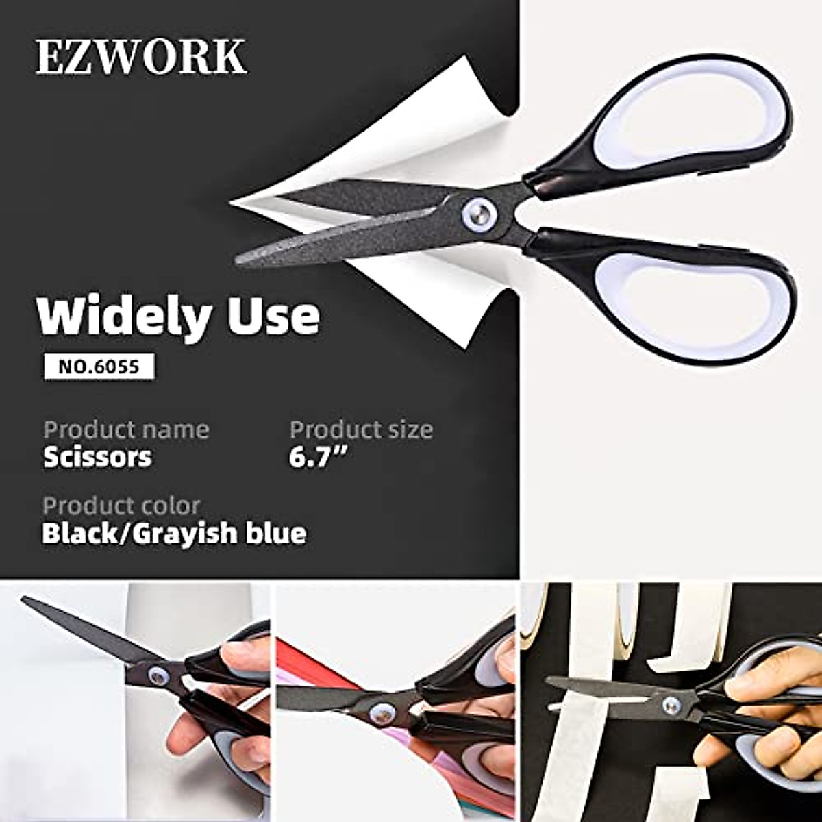EZWORK Multipurpose Scissors, Comfort-Grip Handles Sharp Scissors for Office Home School Craft Sewing Fabric Supplies (6.7", Black)