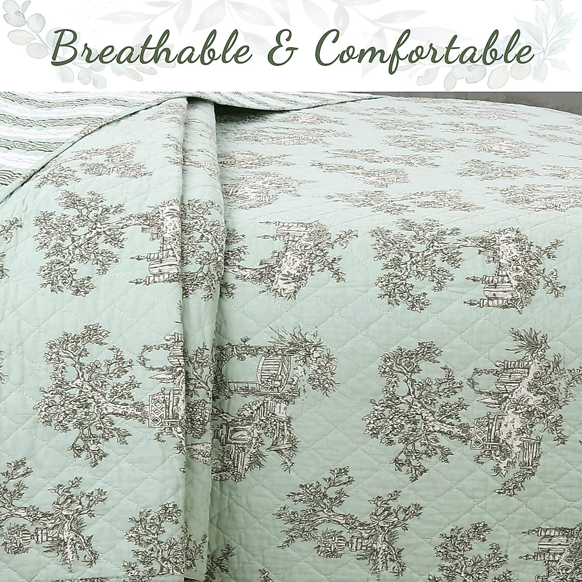 Cozy Line Home Fashions Vintage Cottage Garden Toile Mint Green 100% Cotton Reversible Girl Quilt Bedding Set, Coverlet, Bedspread (Garden Toile, King - 3 Piece)