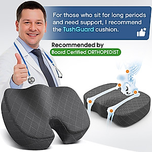 TushGuard Seat Cushion, Office Chair Cushions, Car Seat Cushion, Non-Slip Sciatica & Back Coccyx Tailbone Pain Relief Chair Pad, Memory Foam Butt Pillow for Computer Desk, Wheelchair, Driving (Grey)