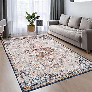 GarveeHome Rugs for Living Room 9x12 Vintage Area Rug Non Slip Washable Rug Low Pile Throw Rug Ultra Thin Distressed Rug Indoor Carpet for Dining Room Living Room, Beige/Red