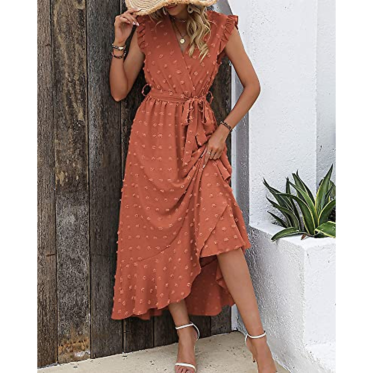 BTFBM Women's 2023 Summer Wrap V Neck Dress Ruffle Sleeve Swiss Dot Boho Ruffle Slit Beach Party Flowy Long Maxi Dresses(Swiss Dot Orange Red, Medium)