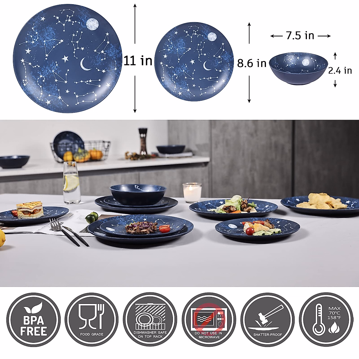 Gofunfun 12 Piece Melamine Dinnerware Sets for 4 - Starry Pattern Camping Dishes Set for Indoor and Outdoor Use, Dishwasher Safe Plates and Bowls Sets, Dark Blue