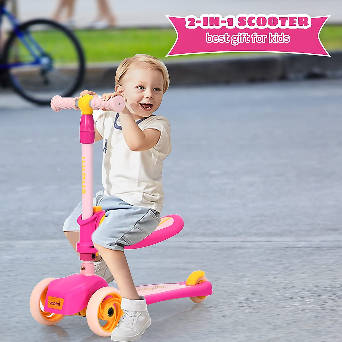INFANS 3 Wheel Scooter for Kids, 2 in 1 Learn to Steer Kick Scooters with Removable Seat, LED Flashing Wheels, Adjustable Height, Wide Deck, Outdoor Activities Toy Gift for Girls Boys Ages 3-8 (Pink)