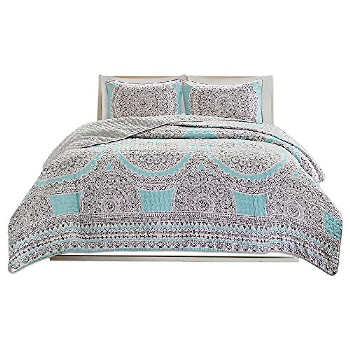 Comfort Spaces Reversible Quilt Set - Vermicelli Stitching Bohemian Design, All Season, Lightweight, Coverlet Bedspread Bedding, Shams, Twin/Twin XL(66"x90") Adele Aqua Medallion 2 Piece