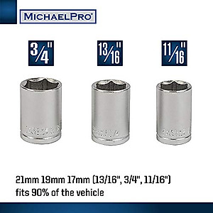 MichaelPro MP001002 Click Through Torque Wrench - 1/2 Inch Dr with 3 Sockets (11/16", 3/4", 13/16" / 17-19-21 mm) with Precise Micro Adjustment - 2in1 with Lug Wrench for Automotive and Changing Tires