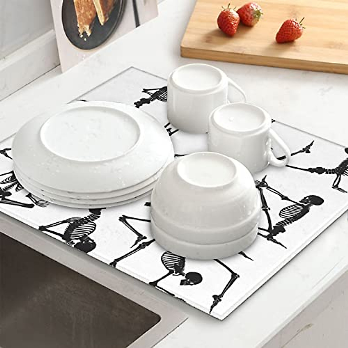 Human Skeletons Black Printed Drying Mat For Kitchen Ultra Absorbent Microfiber Dishes Drainer Mats Non-Slip Silicone Quick Dry Pad - 18 X 16inch