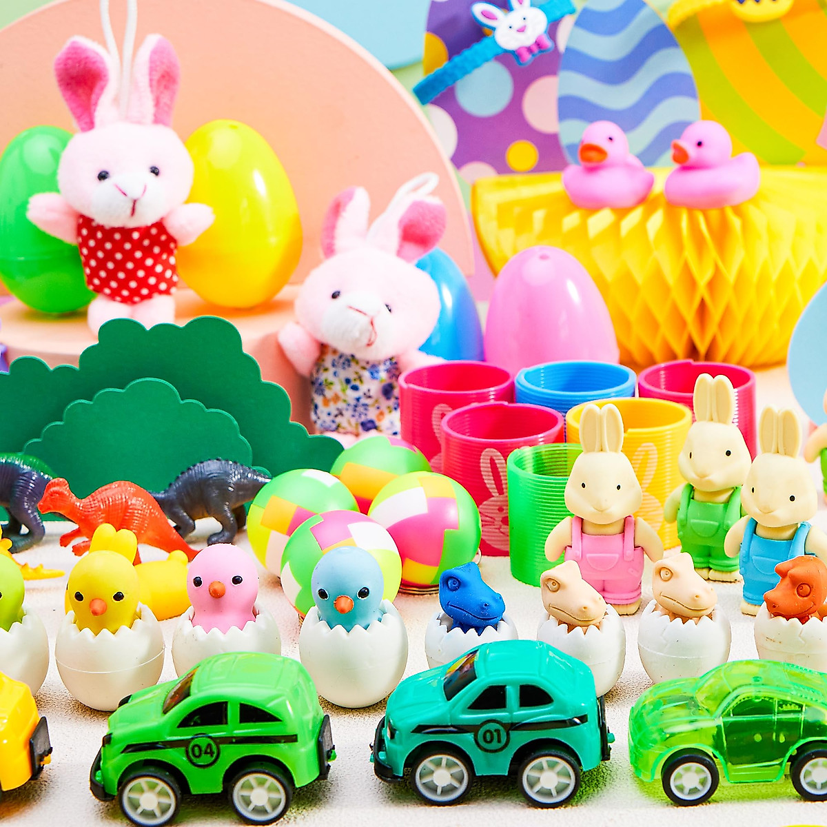 JOYIN 100 Pcs Prefilled Easter Eggs with Toys Plus Stickers, Filled Easter Eggs with Toys Party Favors for Kids Boys Girls Easter Eggs Hunt, Easter Basket Stuffers Fillers,Classroom Prize Supplies