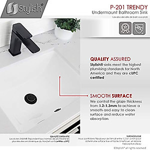 STYLISH 18 1/4 inch Ceramic Porcelain Rectangular Undermount Bathroom Sink with Polished Chrome and Matte Black Overflow, P-201 (White with Chrome and Matte Black Overflow)