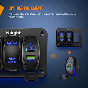Nilight Rocker Switch Style USB Charger Fits Rocker Switch Panel 4.2A PD Type C USB Charger 12V 24V Fast Charge Socket Dual Charging Port for Cars Boats Trucks RVs, 2 Years Warranty