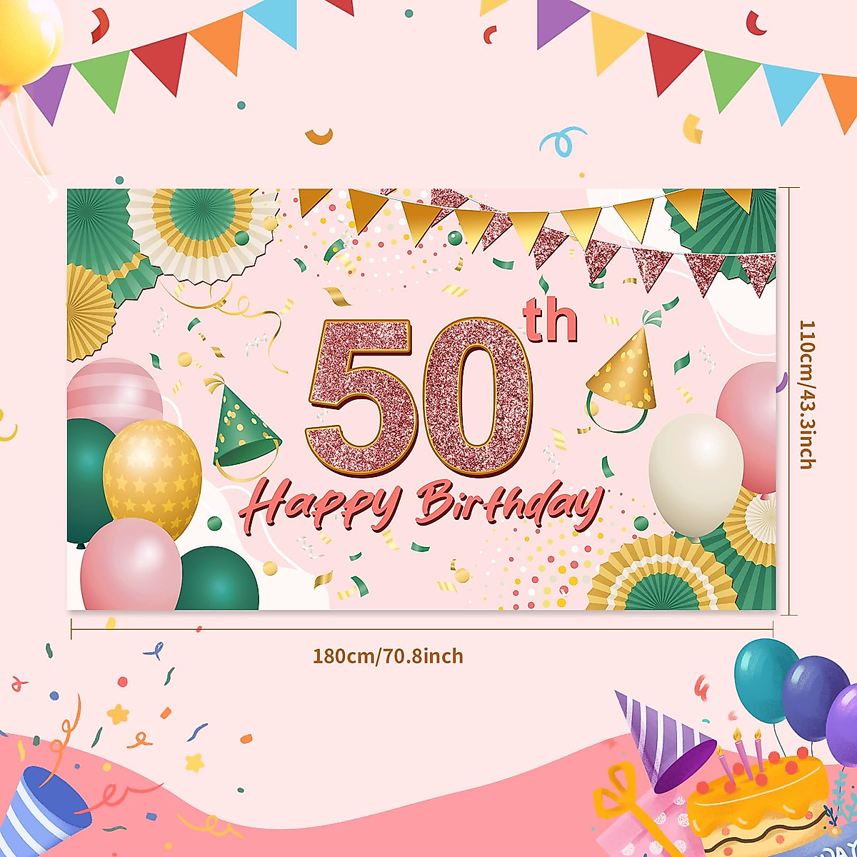 Bing-Haoze 50th Happy Birthday Backdrop - 71" x 44" Pink Happy Birthday Decorations Banner Party Decorations Supplies for Women Unforgettable 50th Birthday Celebrations!