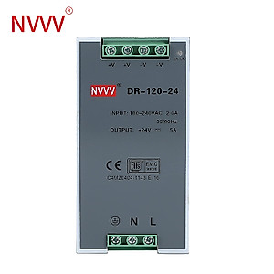 NVVV DR-120-24 AC to DC DIN-Rail Power Supply, 24V, 5 Amp, 120W, 1.5 inches, Silver+Grey