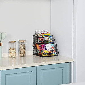 LUMAMU 2-Tier Stackable Wire Baskets for Storage Pantry, Hanging Wall Basket with Removable Dividers Countertop Basket Organizer for Snack Fruit Veggies Canned Food, Black