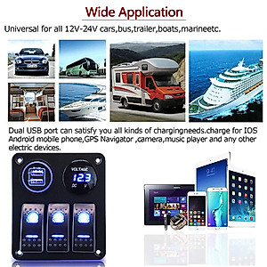 3 Gang Waterproof Marine Boat Rocker Switch Aluminum Panel, DC 12V/24V 5 Pin ON-Off Switch, with Upgrade Arc LED Digital Display Voltmeter and 4.8A Dual USB Slot Socket for Boat Car Rv Vehicles Truck