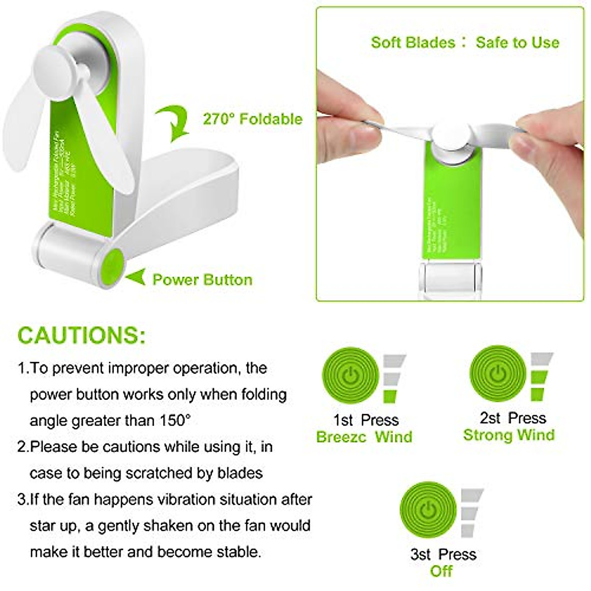 3 Pack Portable Pocket Fans Handheld Mini Fan Portable Foldable Fan Personal Travel Fan Hand Fan Summer USB Rechargeable Desk Fans for Home Women Travel Outdoors Or Indoors, 2 Speeds (Green)