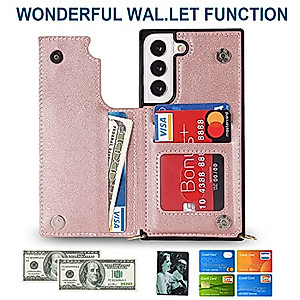 DEFBSC Compatible with Samsung Galaxy S22 Case, Crossbody Wallet Case, Adjustable Detachable Lanyard Neck Strap with Kickstand Leather Card Holder Protective Cover-Rose Gold