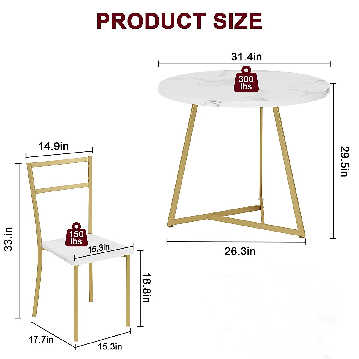 Amyove Dining Table Set for 2, Round Kitchen Table and Chairs for 2, Modern Dining Room Table Set with 2 Metal and Wood Chairs, Kitchen Table Set for Small Space, Apartment, Marble White and Gold