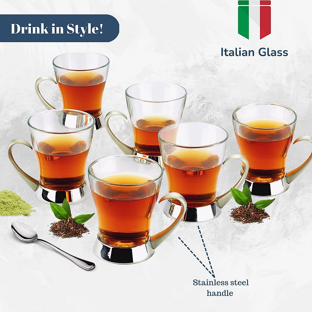 Rigeli Stainless Steel Set of 6 Tea Cups Glass Tea Cups With Stainless Steel Handle, 6.7 (oz), 200 (ml) Clear Coffee Mugs, Tea Glasses tea and coffee