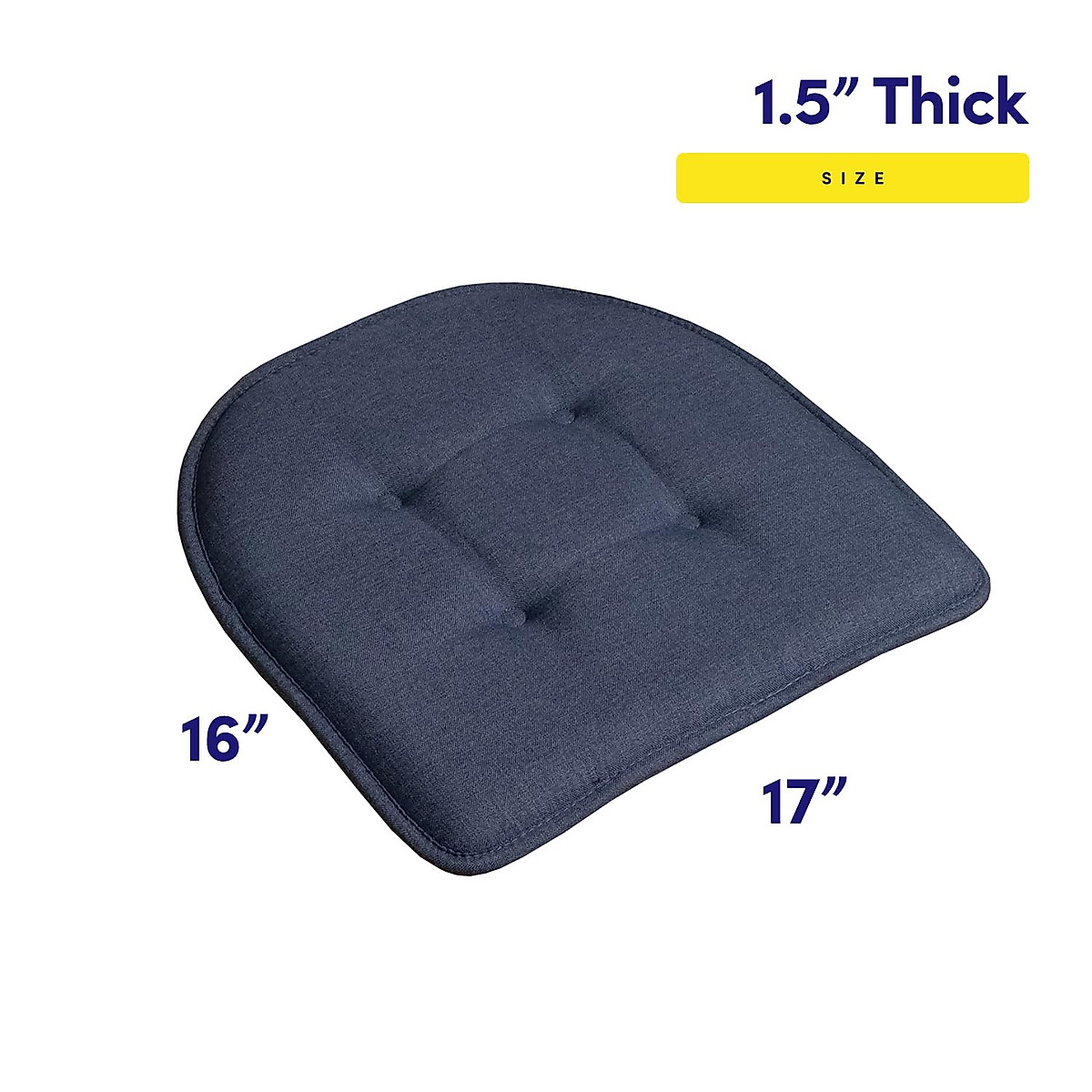 Sweet Home Collection Chair Cushion Memory Foam Pads Tufted Slip Non Skid Rubber Back U-Shaped 17" x 16" Seat Cover, Denim Blue 4 Count