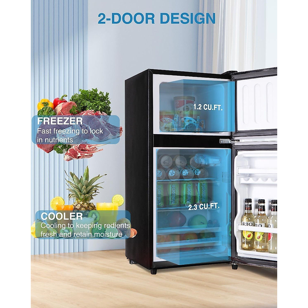 Fcicarn 3.5 Cu. Ft. Compact Refrigerator, Energy efficient mini fridge with freezer, double doors, 7-level thermostat for small spaces, Black