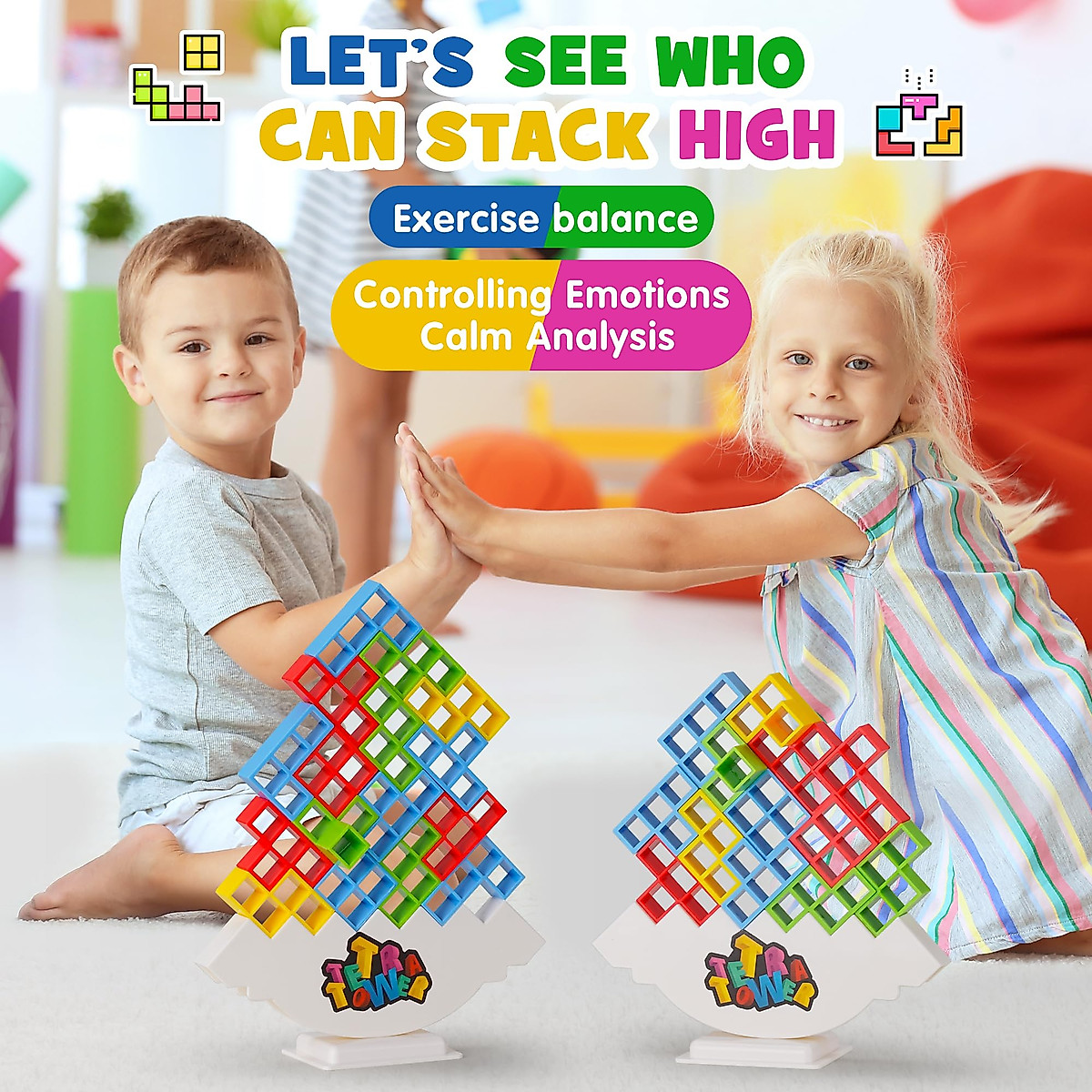 WOWNOVA 48PCS Tetra Tower, Fun Balance Stacking Building Blocks Board Game for Kids, Adults, Friends, Team, Classroom, Dorm, Family Game Night and Parties