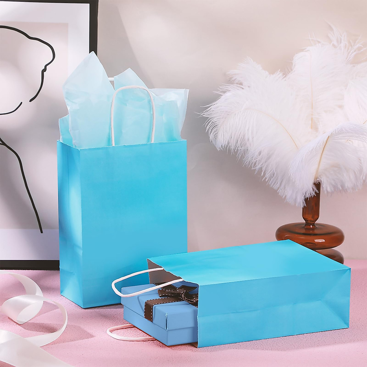 Kosiz 100 Pcs Small Gift Bags with Handles Bulk Include 50 Pcs Paper Bags and 50 Pcs Tissue Papers for Christmas Holiday Birthday Baby Shower Wedding Party Supplies Gifts(Blue)