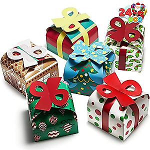 JOYIN 24 PCS 3D Christmas Goody Gift Boxes with Bow for Holiday Xmas Goodie Paper Boxes, School Classroom Party Favor Supplies, Candy Treat Cardboard Cookie Boxes
