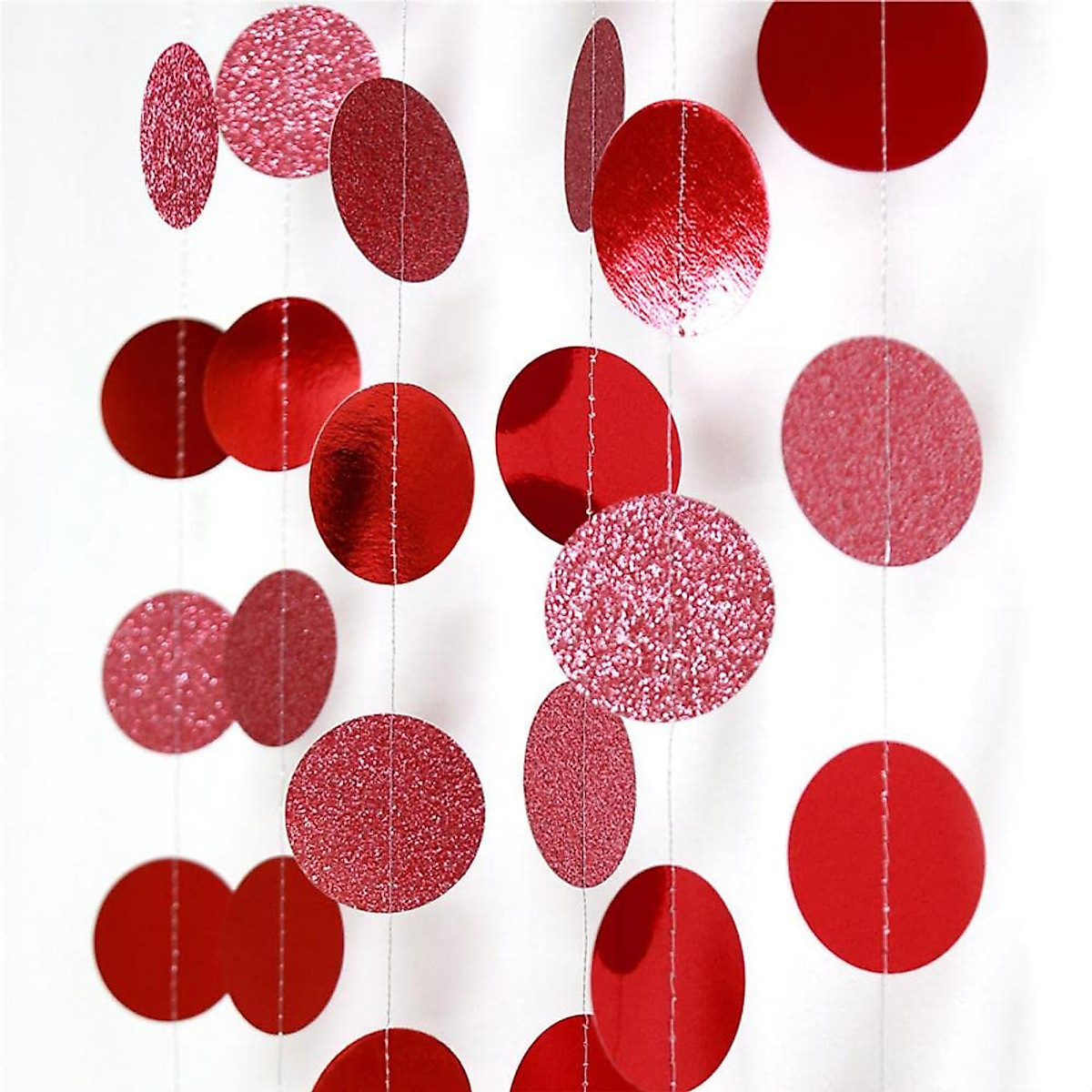 JEYE Red Circle Dots Party Garland Decoration Metallic Hanging Streamer Bunting Banner Backdrop Decor for Baby Shower Birthday Wedding Thanksgiving Christmas Party Decor, Pack of 2, 26 Feet in Total