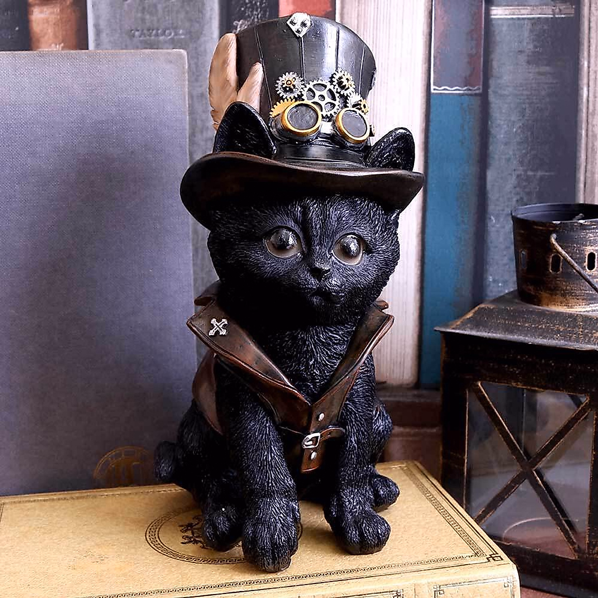 Nemesis Now Cogsmith's Steampunk Cat Adorable Black Cat with Leather Top Hat and Waistcoat, Hand-Painted Resin Figurine, Perfect for Steampunk Collectors, 18.5cm