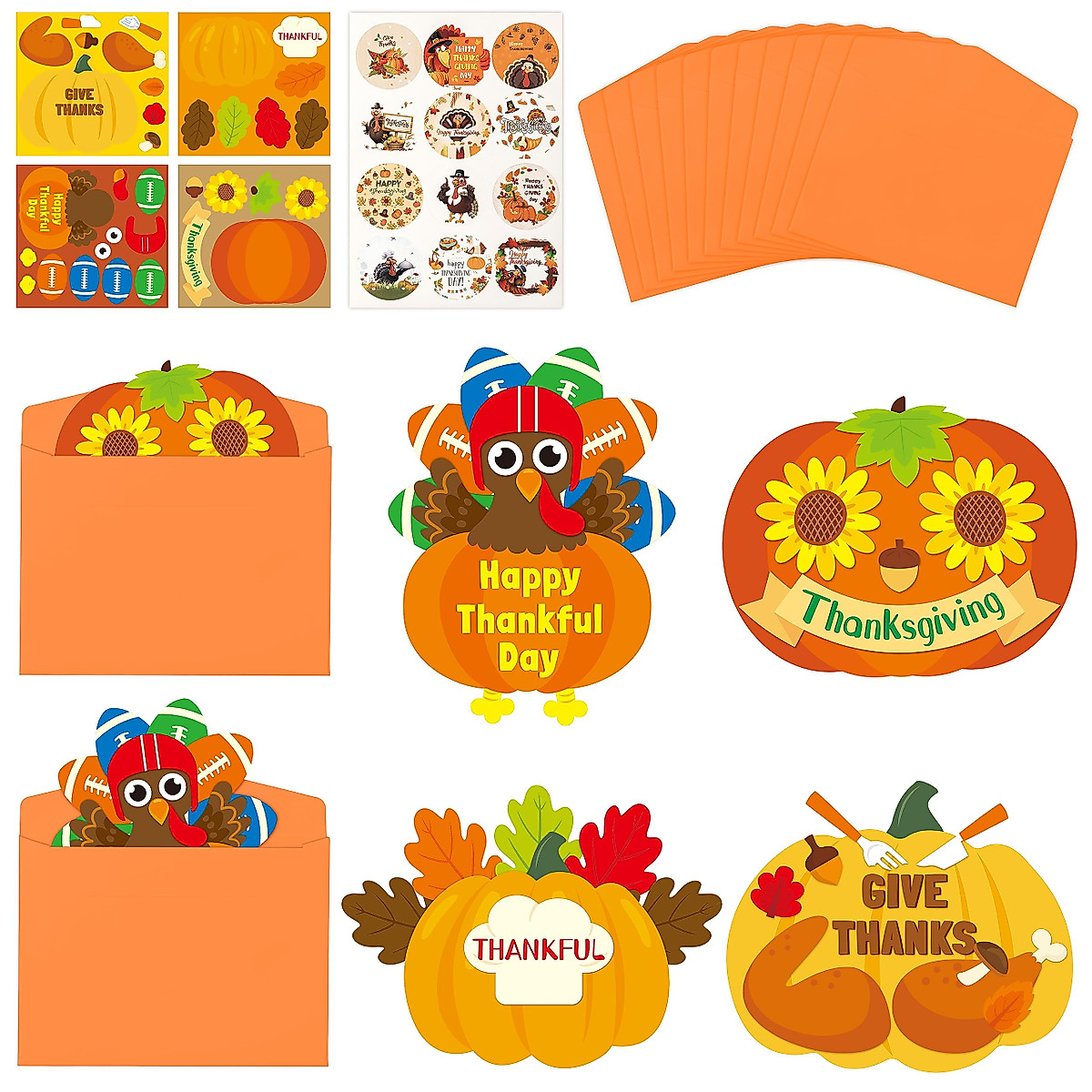 CY2SIDE 24PCS Thanksgiving Thankful Cards Craft Kit for Kids DIY Pumpkin Football Turkey Greeting Cards with Envelopes Stickers Fall Paper Craft Kit School Art Activity Gift Cards for Mother Father