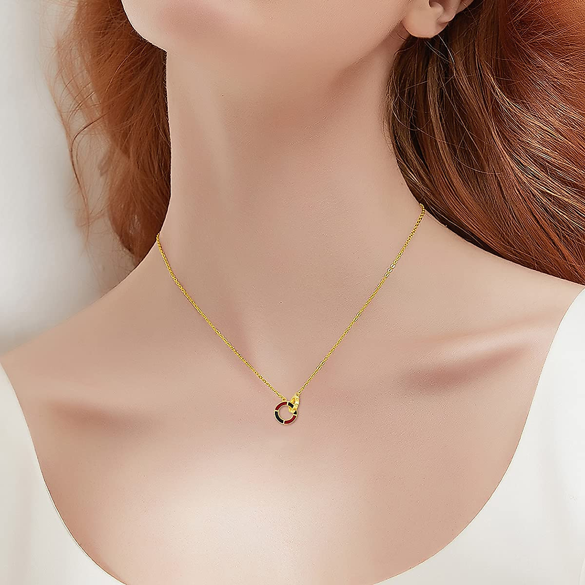 SISGEM 14k Gold Natural Carnelian Double Circle Necklace for Women, Anniversary Jewelry for Wife, Birthday Gifts for Her, 16-18 Inch