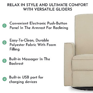 Evolur Harlow Deluxe Upholstered Plush Seating Glide Rocker, Swivel, Power Recliner USB Port with in-Built Massager, Greenguard Gold Certified, Glider Chair for Nursery in Shell