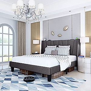 Benevika Full Size Bed Frame with Modern Geometric Wingback Headboard, Upholstered Platform with Wooden Slats, No Box Spring Needed, Mattress Foundation, Grey