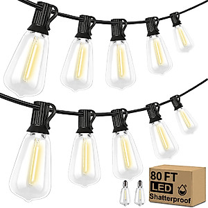 Outdoor String Lights 80ft ST38 Outdoor Lights with Waterproof Shatterproof 42 LED Bulbs(2 Spare)Connectable Patio Lights for Indoor Outdoor Courtyard Cafe Porch Party Led Outdoor String Lights