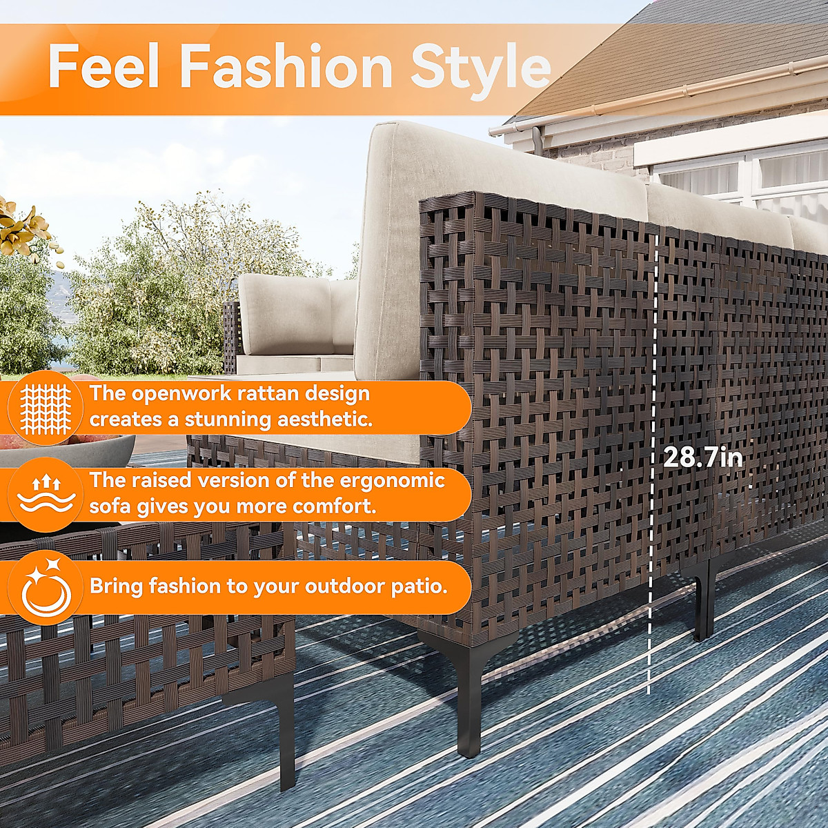 Trumbeak 7 Pieces Patio Fuiniture Set Wicker Outdoor Sectional Sofa,All Weather Brown PE Rattan Outdoor Conversation Set w/Thick Cushions and Glass Coffee Table,Sand