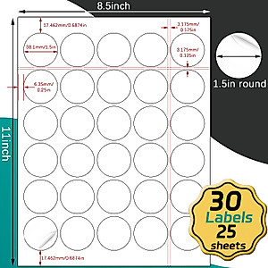 Address Labels 1-1/2” Round for Laser and Inkjet Printers - 25 Sheets, 30 Labels Per Sheet 750 Blank Matte White Sticker Paper for Organization, Labeling, Inventory Management, Product Branding