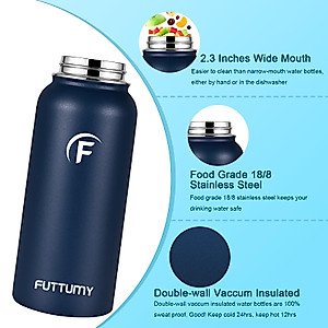 Futtumy Stainless Steel Water Bottle with Straw, 32oz Water Bottle with Spout Lid and Straw Lid, Double Wall Vacuum Insulated Water Bottle, Thermal Bottle for Sports Travel School Gym (Blue gradient)