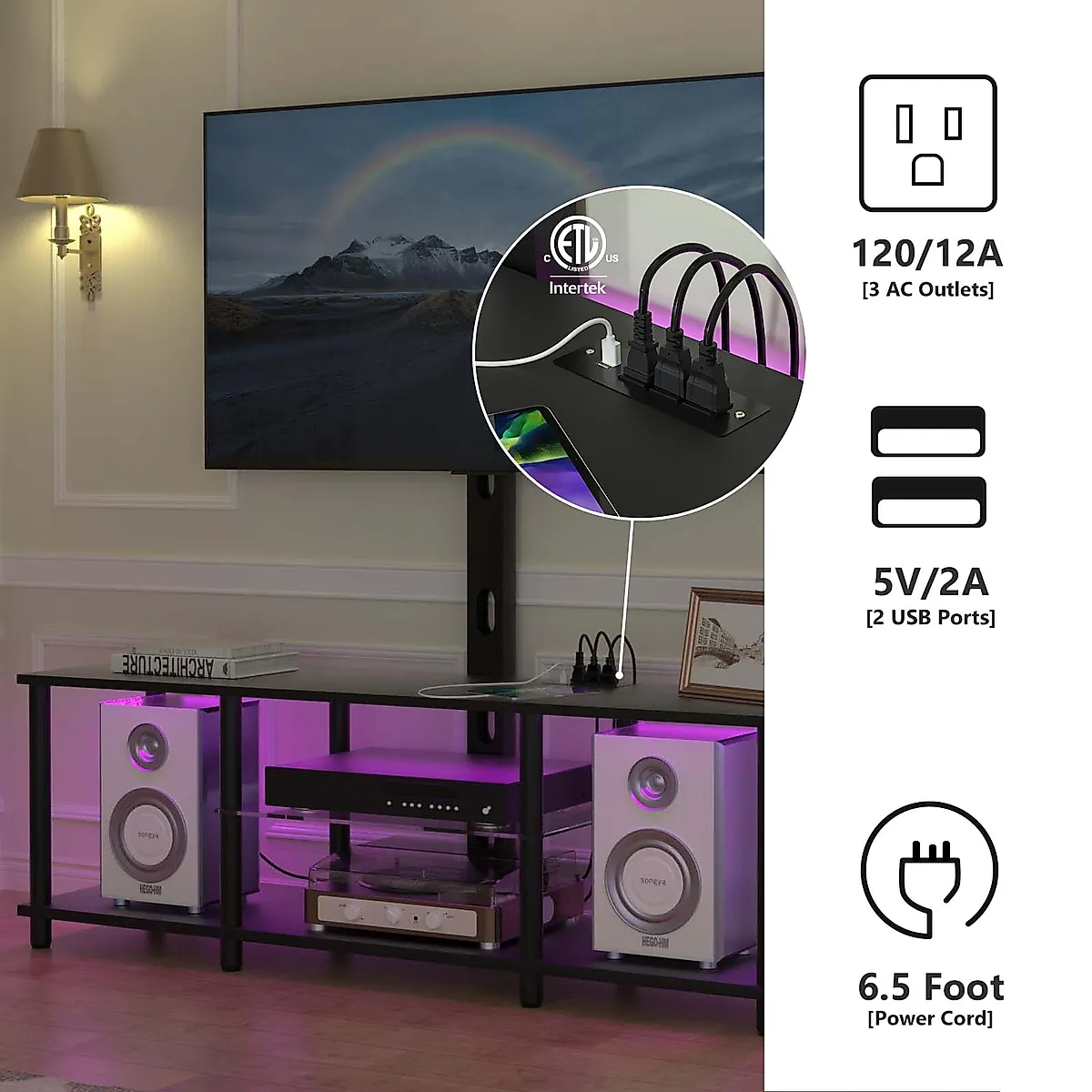 TV Stand with Mount and Led Light，Black TV Stand with Power Outlets for 32/40/43/50/55/60/65/70 Inch TV,Entertainment Center with Storage Shelf for Bedroom/Living Room/Office